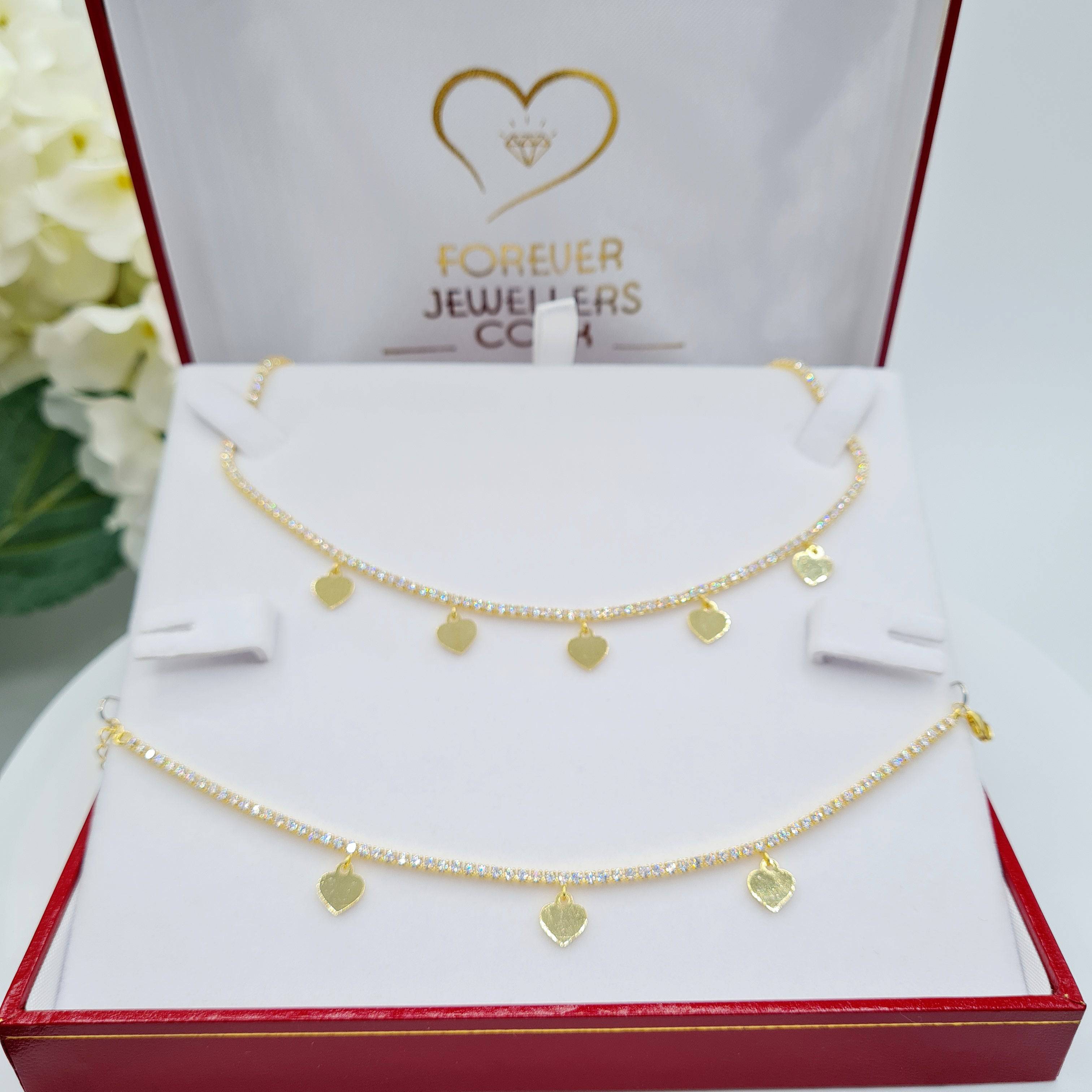 Forever Charm - Gold Plated Sterling Silver Heart Charm Tennis Bracelet ...